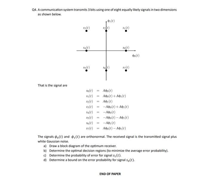 Solved Q4. A communication system transmits 3 bits using one | Chegg.com