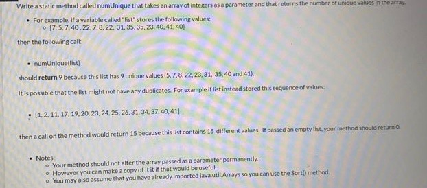 Solved Write a static method called numUnique that takes an | Chegg.com