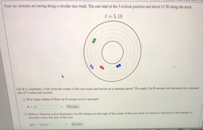 Solved Four toy racecars are racing along a circular race | Chegg.com
