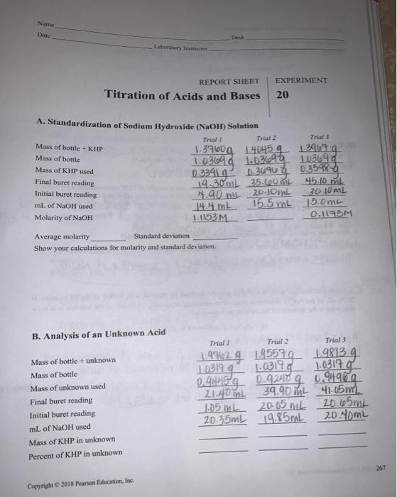 Name Laboratory Into REPORT SHEET Titration of Acids | Chegg.com