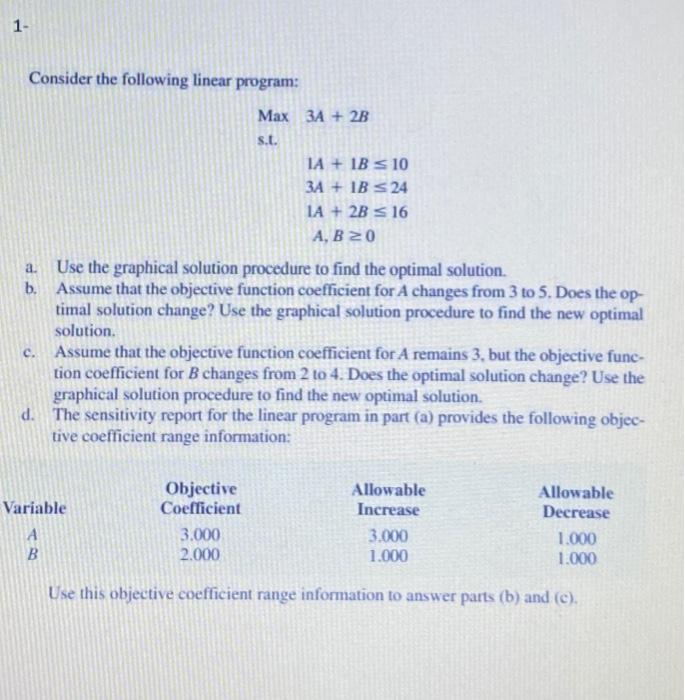 Solved 1- Consider the following linear program: Max 3A + 2B | Chegg.com