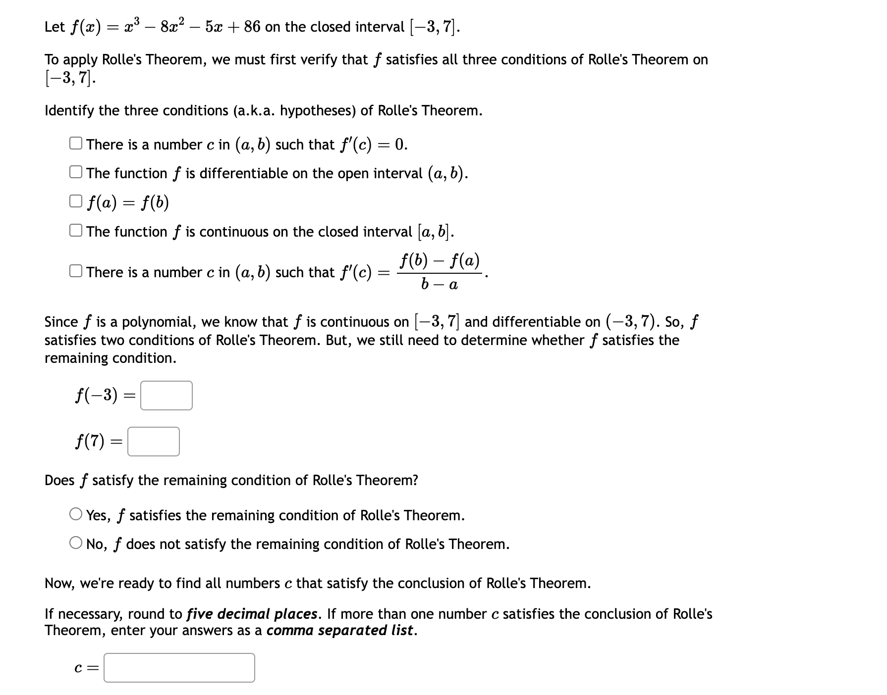 Solved Let f(x)=x3-8x2-5x+86 ﻿on the closed interval -3,7.To | Chegg.com