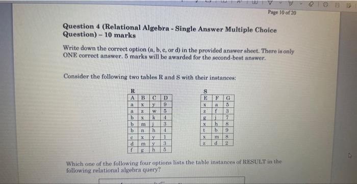 Question 4 (Relational Algebra - Single Answer | Chegg.com