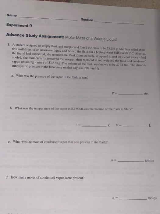 Solved Name Section Experiment 9 Advance Study Assignment: | Chegg.com