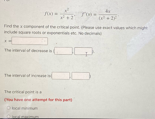 Solved f(x)=x2x2+2,f'(x)=4x(x2+2)2.Find the x ﻿component of | Chegg.com