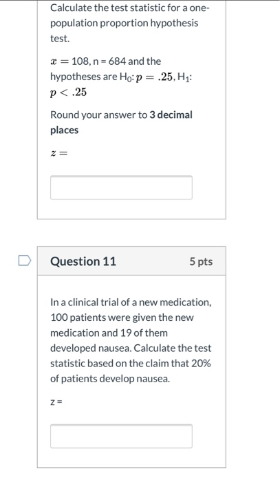 Solved Calculate the test statistic for a one- population | Chegg.com