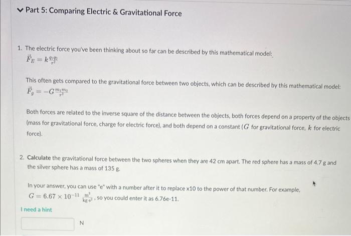 Solved Vart 5: Comparing Electric \& Gravitational Force 1. | Chegg.com