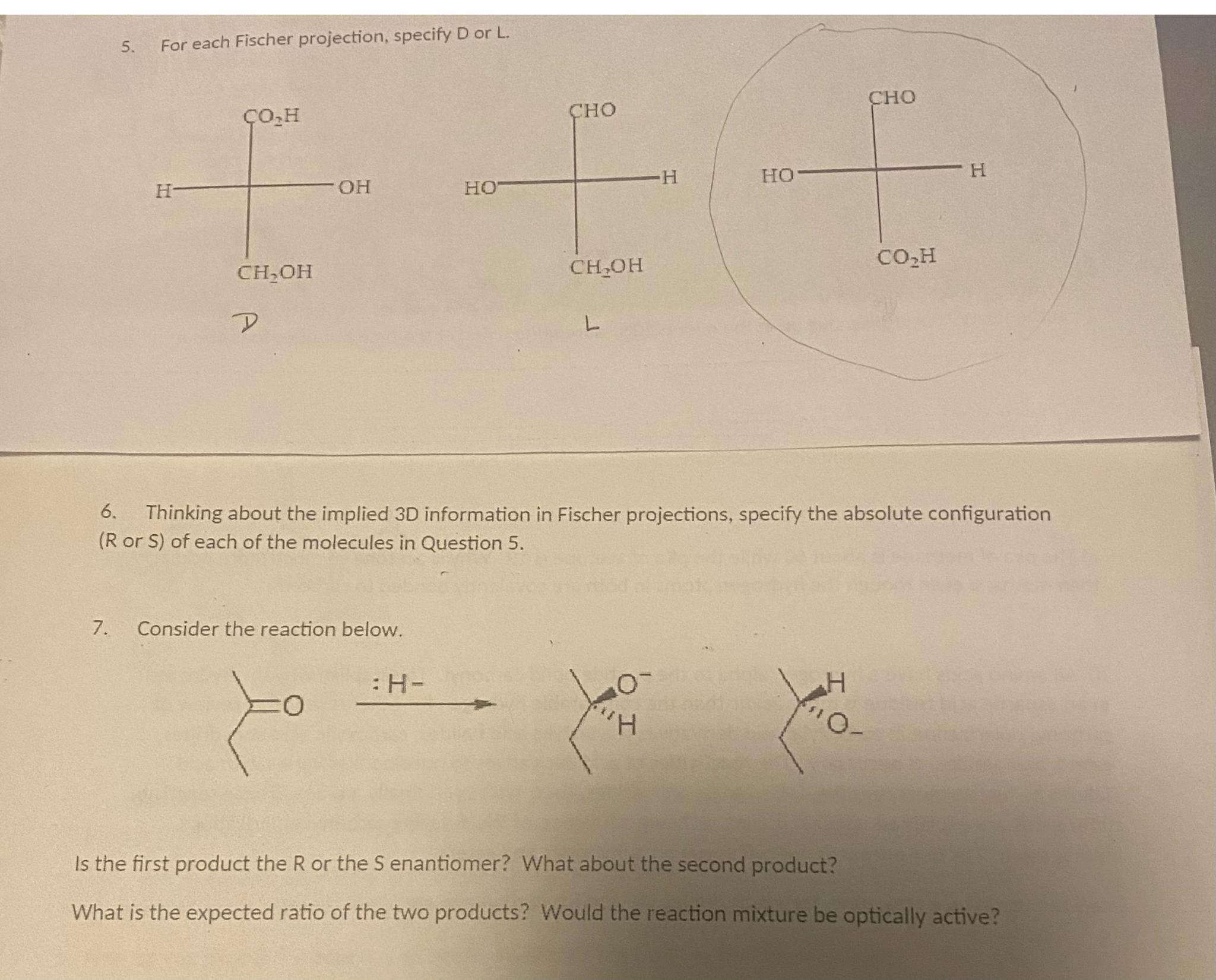Solved For each Fischer projection, specify D or L.Thinking | Chegg.com