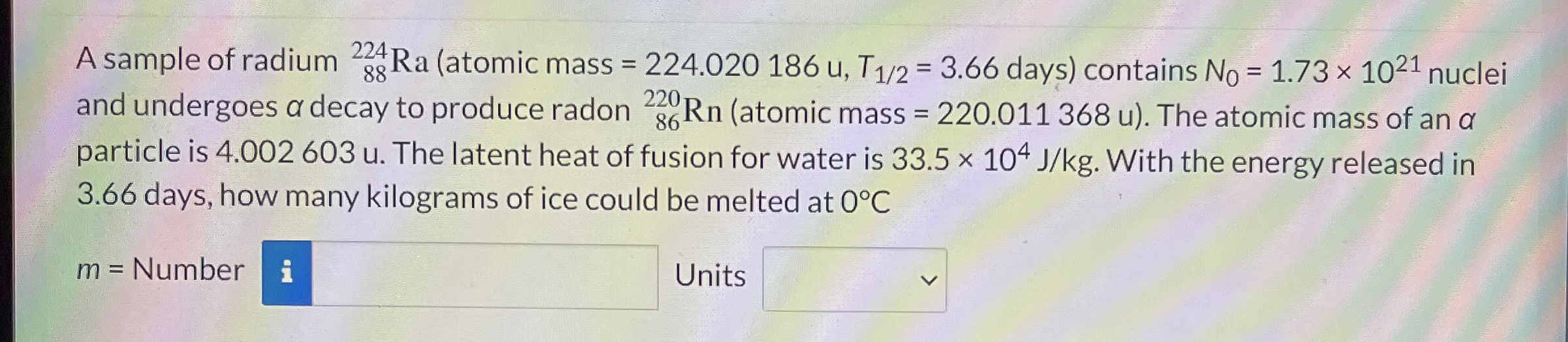 Solved A sample of radium ?88224Ra (atomic mass | Chegg.com