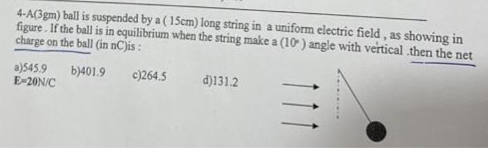 Solved 4- A(3gm) ball is suspended by a (15 cm) long string | Chegg.com