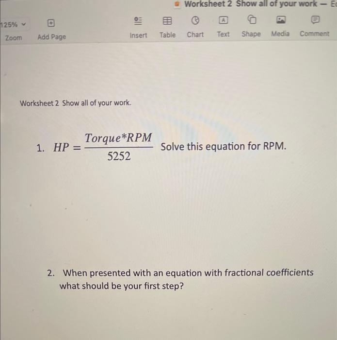 Solved Worksheet 2 Show all of your work. 1. HP=5252 Torque | Chegg.com