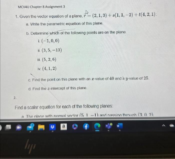Solved 1. Given the vector equation of a plane, | Chegg.com