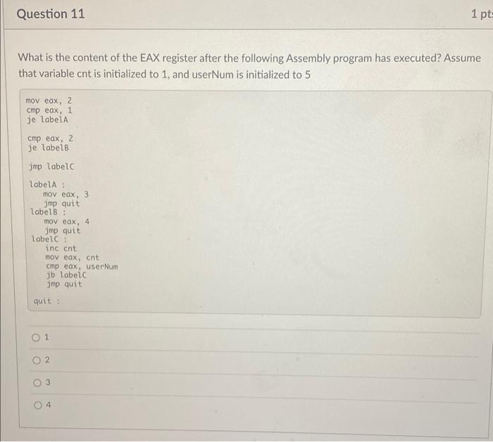 Solved Question 11 1 pts What is the content of the EAX | Chegg.com