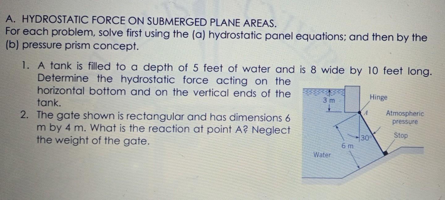 Solved A. HYDROSTATIC FORCE ON SUBMERGED PLANE AREAS. For | Chegg.com