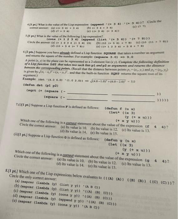 Solved 4 [1 pt.) What is the value of the Lisp expression | Chegg.com