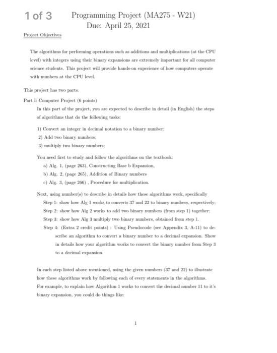 Solved 1 of 3 Programming Project (MA275 - W21) Due: April | Chegg.com