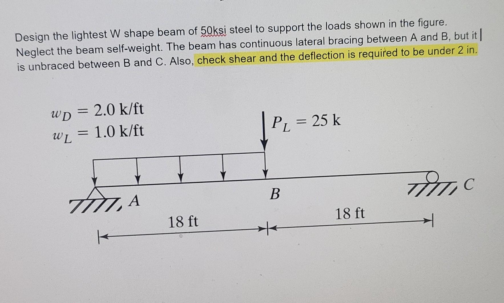 Solved Design the lightest W shape beam of 50ksi steel to | Chegg.com