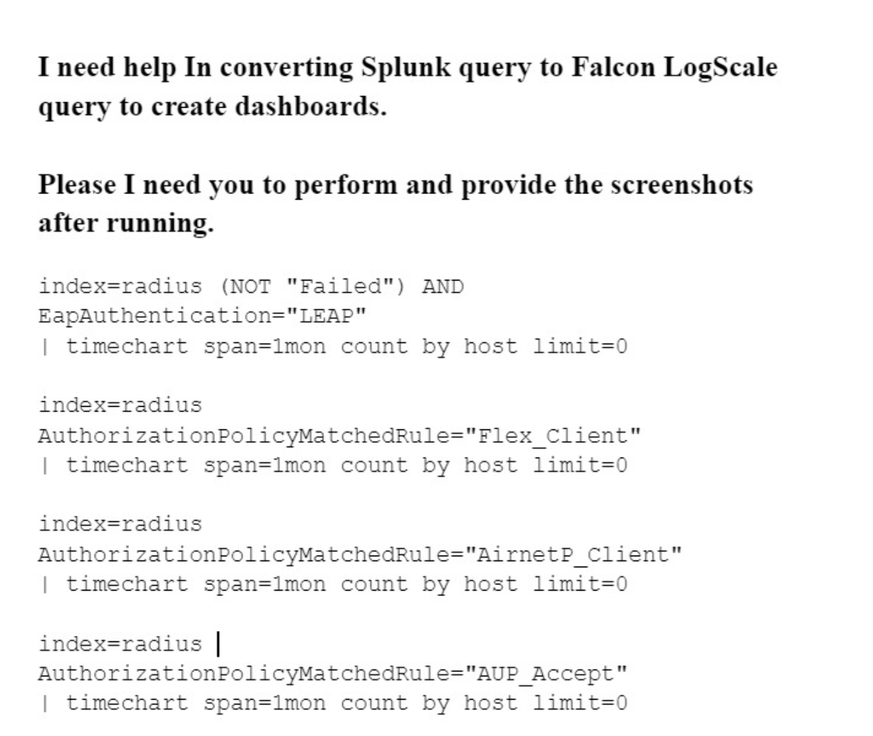 Solved I need help In converting Splunk query to Falcon | Chegg.com