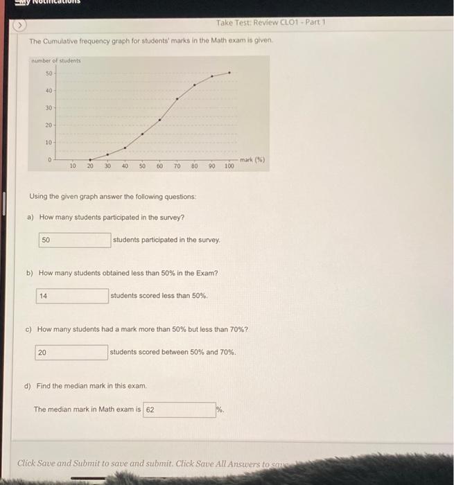Solved The Cumulative frequency graph for students' marks in | Chegg.com