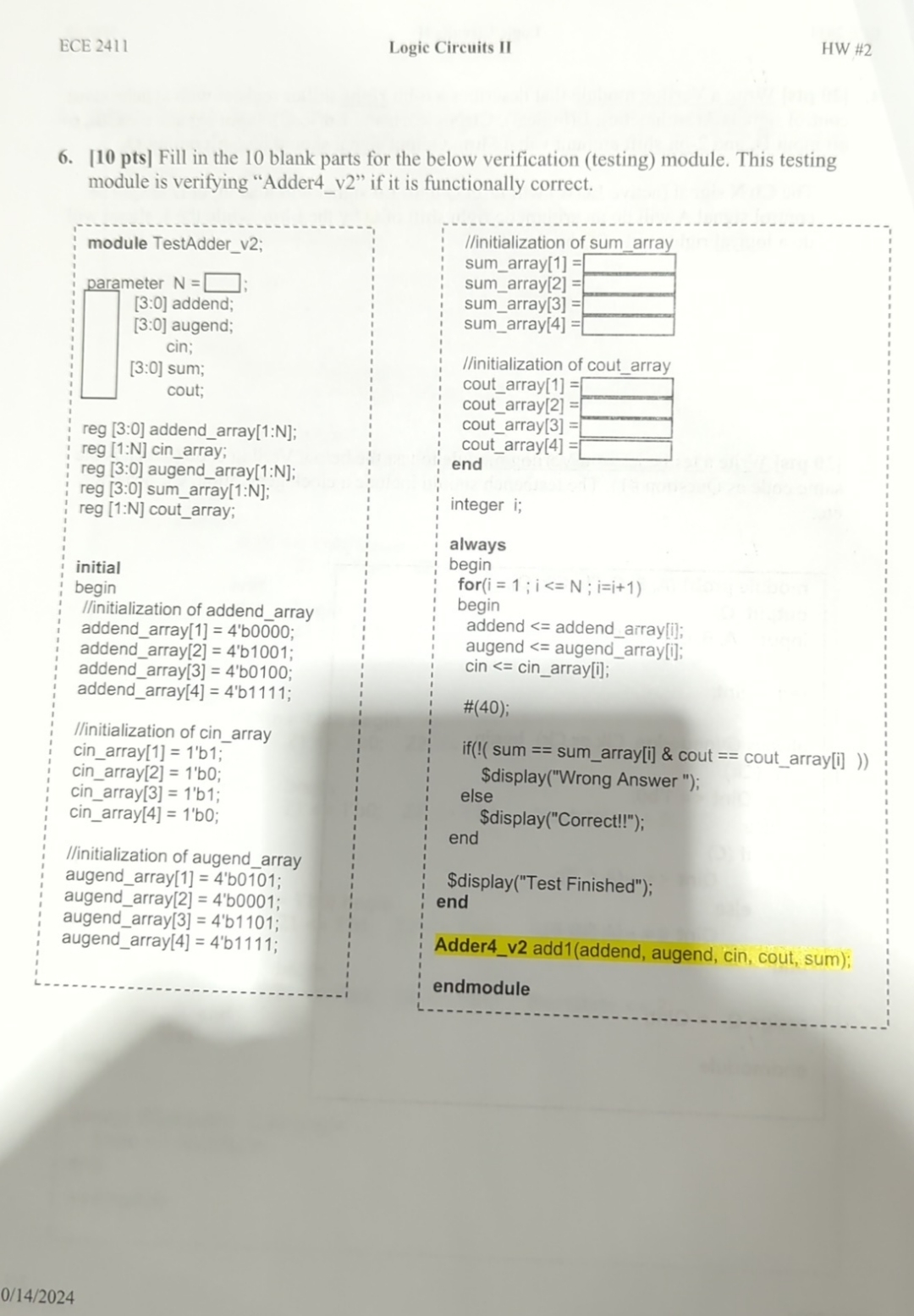 Solved ECE 2411Logic Circuits IIHW #26. [10 ﻿pts] ﻿Fill in | Chegg.com