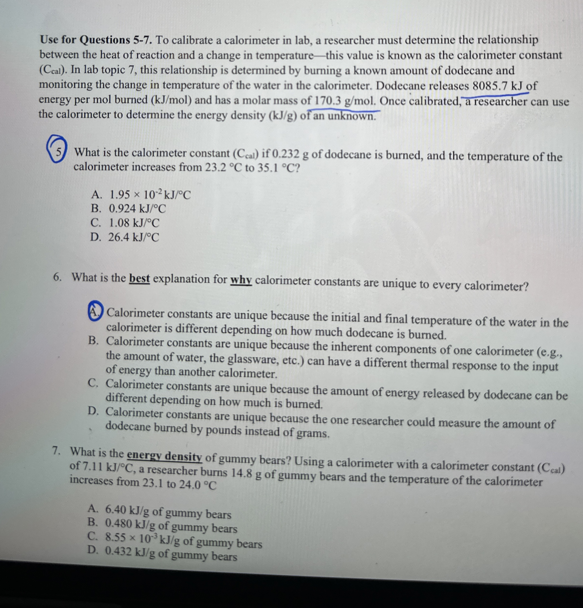 Solved Use for Questions 5-7. ﻿To calibrate a calorimeter in | Chegg.com