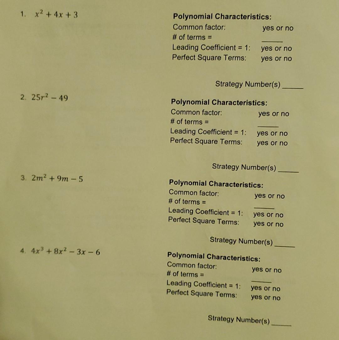 Solved 1. x² + 4x + 3 Polynomial Characteristics: Common | Chegg.com