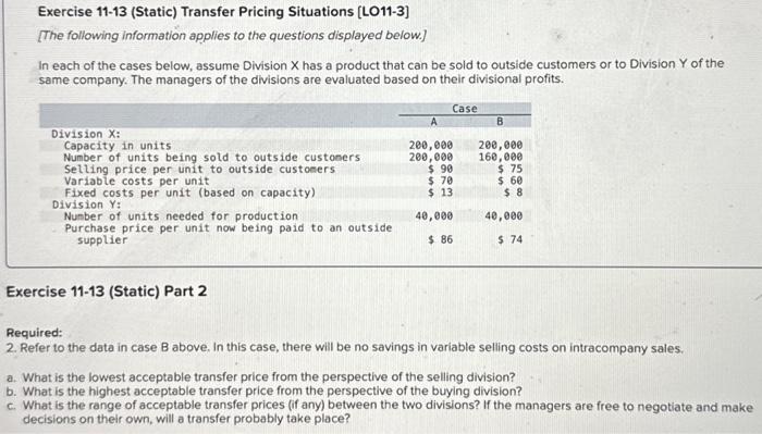Solved Exercise 11-13 (Static) Transfer Pricing Situations | Chegg.com