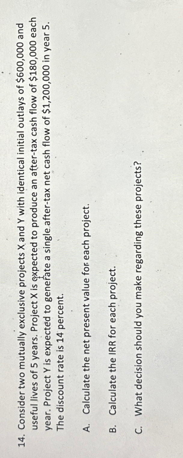 Solved Consider two mutually exclusive projects x ﻿and Y | Chegg.com