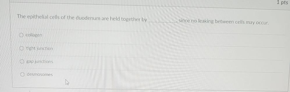 Solved 1 ﻿ptsThe epithelial cells of the duodenum are held | Chegg.com