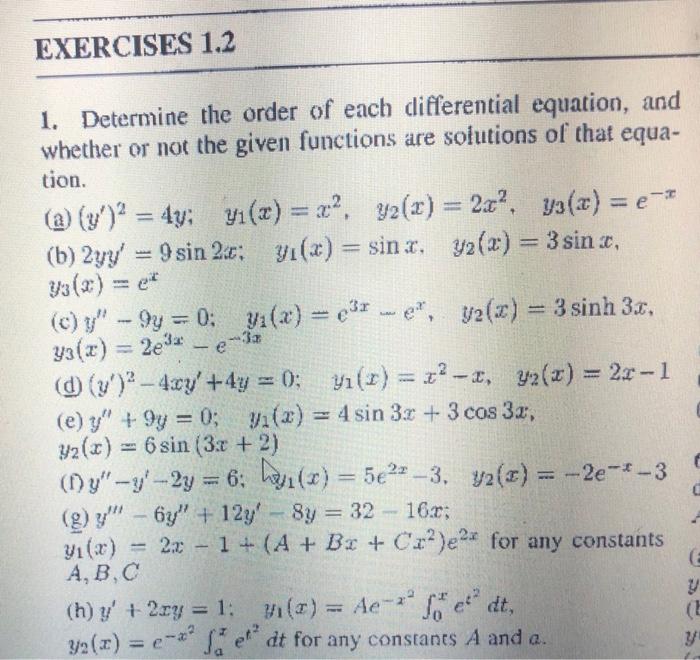 Solved 1. Determine the order of each differential equation, | Chegg.com