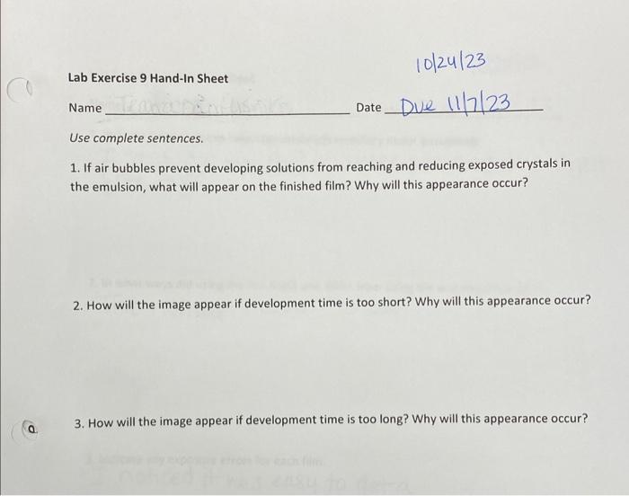 Solved Lab Exercise 9 Hand In Sheet 102423 Name Date Due 