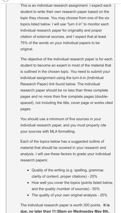 Solved Individual Research Paper Instructions At Individual | Chegg.com