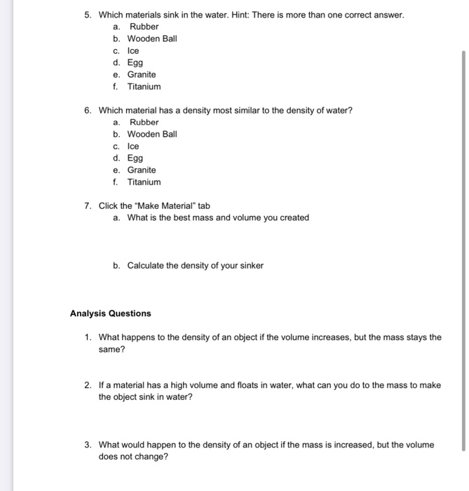 Solved 5. Which materials sink in the water. Hint: There is | Chegg.com