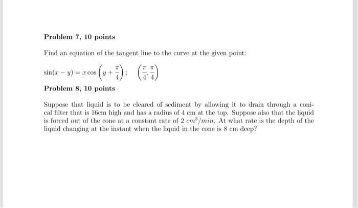 Solved Problem 7, 10 points Find an equation of the tangent | Chegg.com