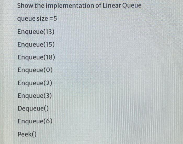 Solved Show the implementation of Linear Queue queue size =5 | Chegg.com
