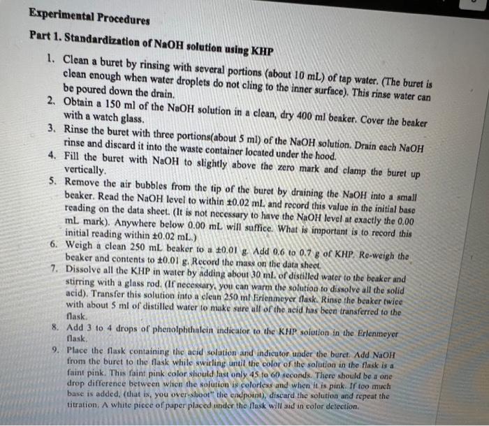 Solved Part . Standardization of NaOH solution using KHP | Chegg.com