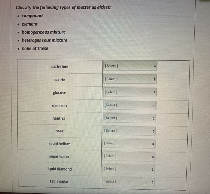 Solved Classify the following types of matter as either: • | Chegg.com
