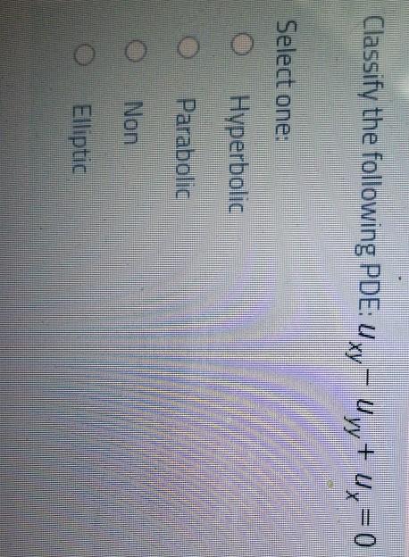 Solved Classify the following PDE: U xy - Uyy + Ux=0 Select | Chegg.com