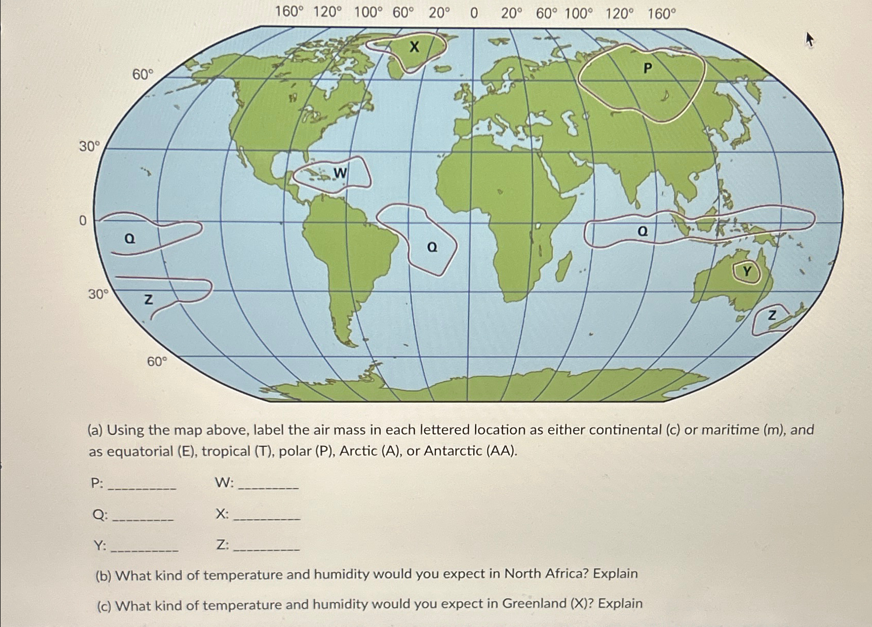 Solved (a) ﻿Using the map above, label the air mass in each | Chegg.com