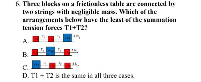 Solved 6. Three blocks on a frictionless table are connected | Chegg.com