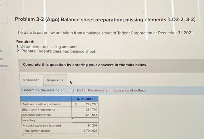 Solved Problem 3-2 (Algo) Balance sheet preparation; missing | Chegg.com