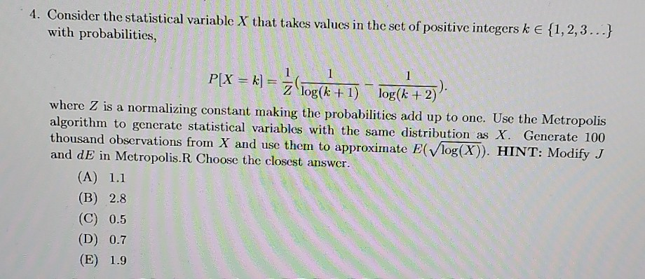 4. Consider the statistical variable X that takes | Chegg.com
