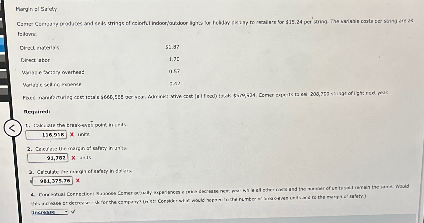 Solved Margin of SafetyComer Company produces and sells | Chegg.com