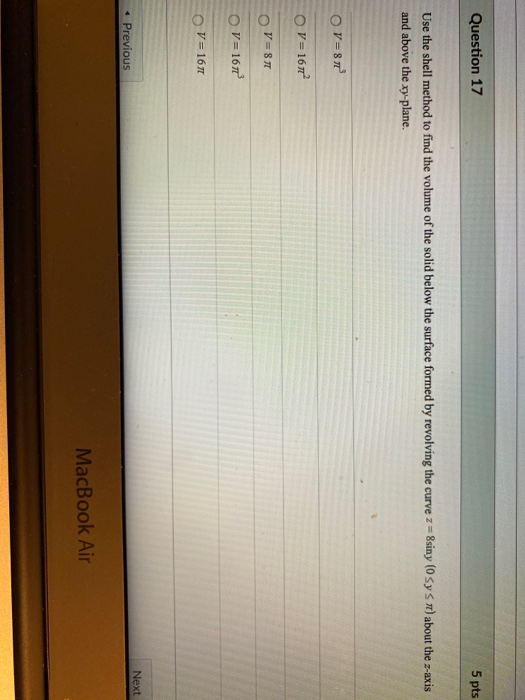 Solved Question 17 5 pts Use the shell method to find the | Chegg.com