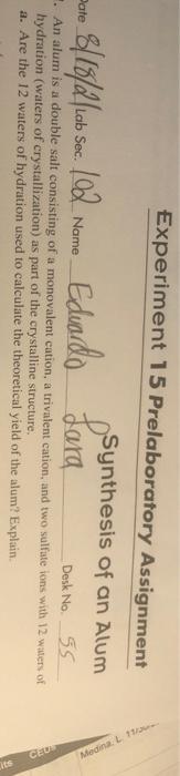 Solved Experiment 15 Prelaboratory Assignment Synthesis of | Chegg.com