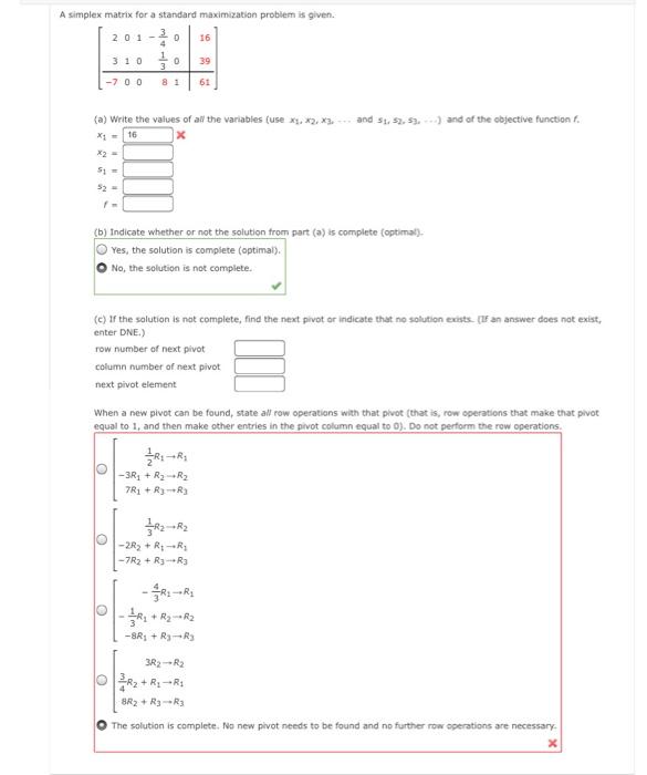 Solved A simplex matrix for a standard maximization problem | Chegg.com