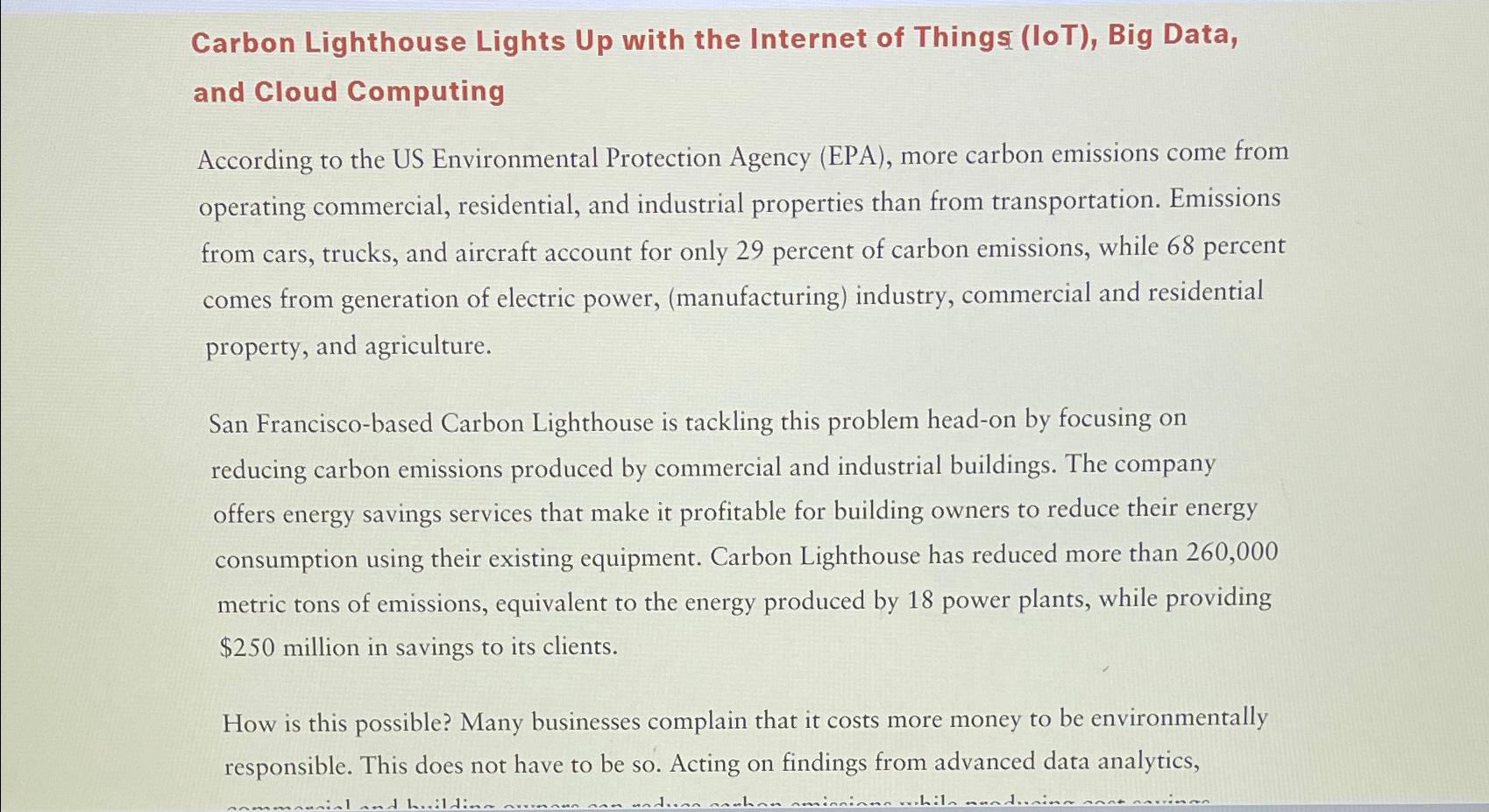 Solved Carbon Lighthouse Lights Up with the Internet of | Chegg.com