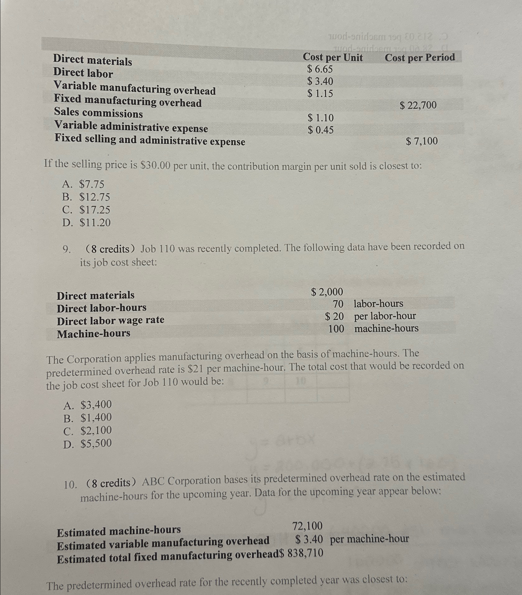 Solved \table[[,,],[Direct materials,Cost per Unit,Cost per | Chegg.com