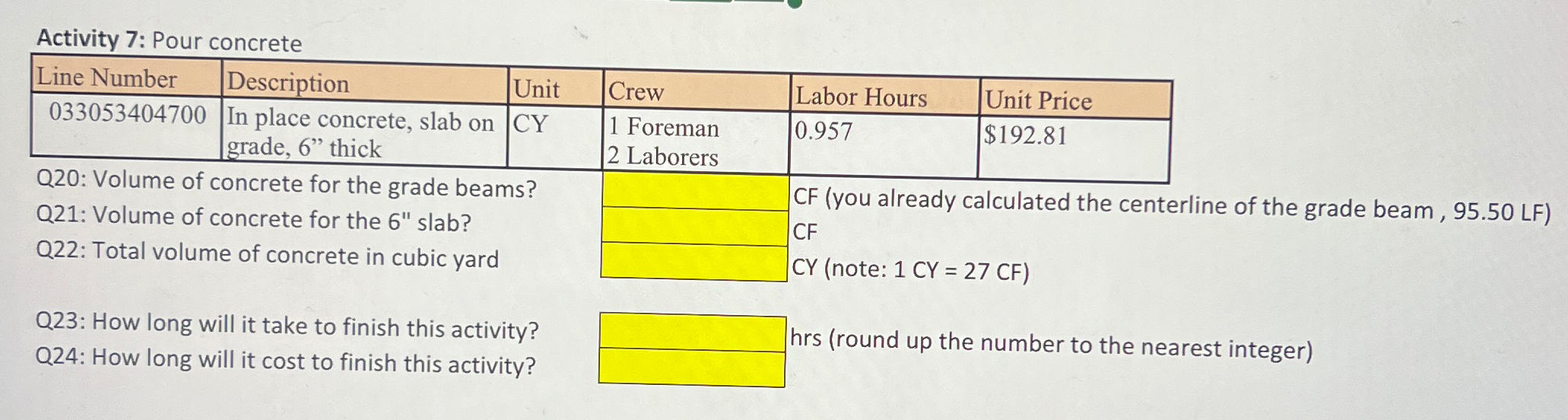 Solved Activity 7: Pour concrete\table[[Line | Chegg.com