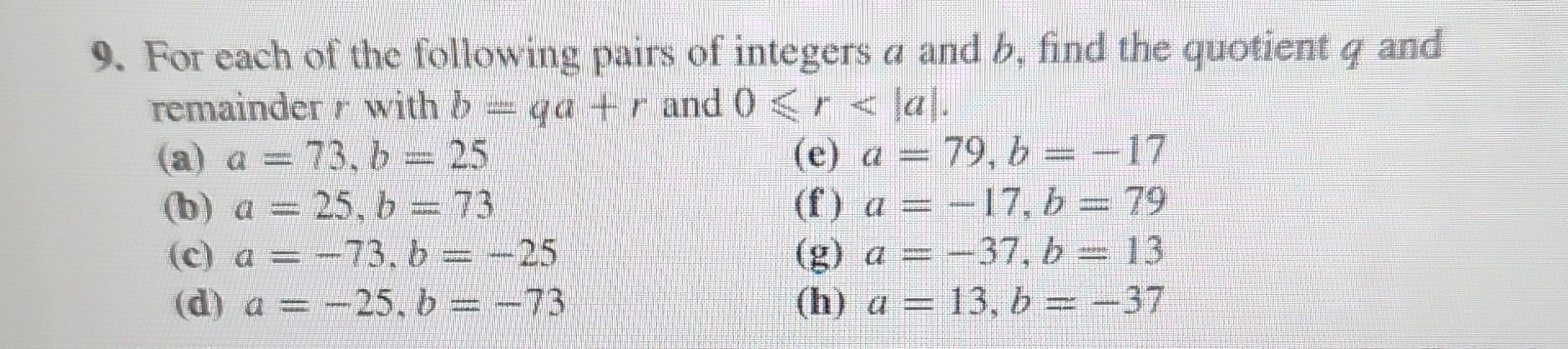 Solved For each of the following pairs of integers a and b, | Chegg.com
